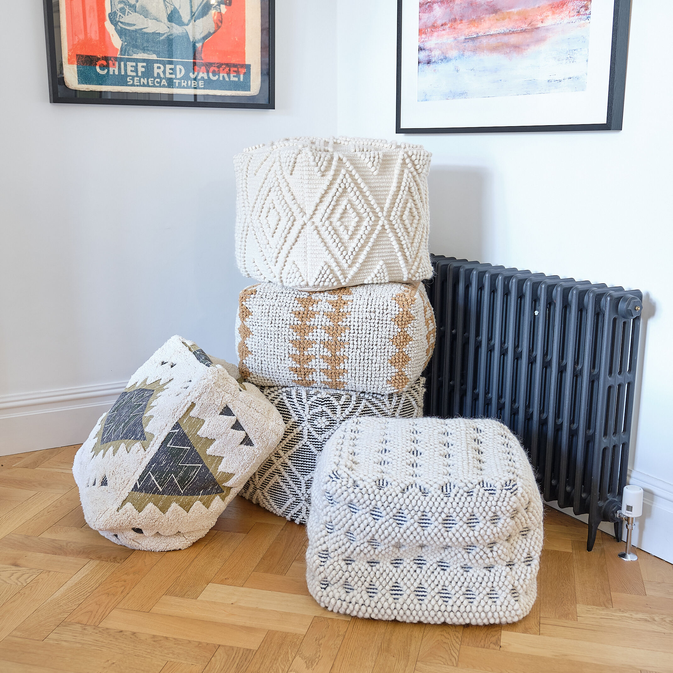 Bobble Textured Footstool in Blue & Cream | Inside Story