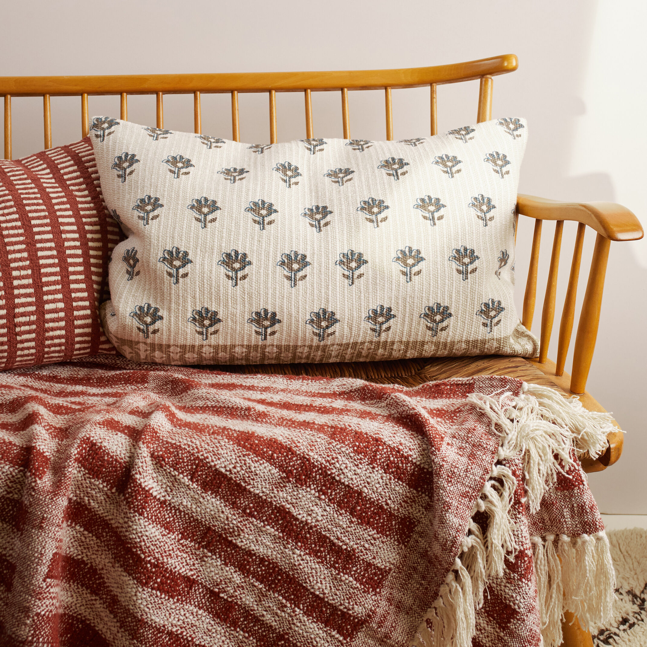 Hand Woven Floral Block Print Cushion in Navy & Cream | Inside Story